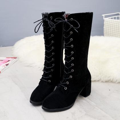 Round Toe Lace Up Chunky Low Heels Half Boots on Luulla