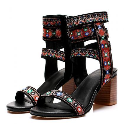 Hand Wave Embroidery Middle Chunky Heel Open Toe Sandals on Luulla