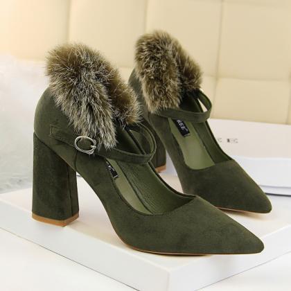 Rabbit Fur Middle Chunky Heel Pointed Toe High Heels on Luulla