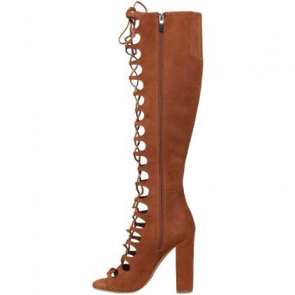 Brown Suede Cutout Zipper Open Toe Knee High Boots on Luulla