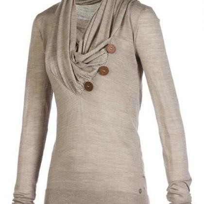 Cowl Draped Neck Button Design Sweatshirt on Luulla