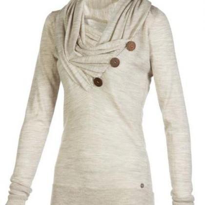 Cowl Draped Neck Button Design Sweatshirt on Luulla