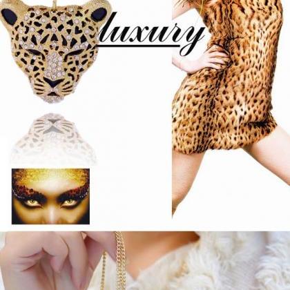 Rhinestone Leopard Tiger Head Chain Necklace Sweater Golden on Luulla