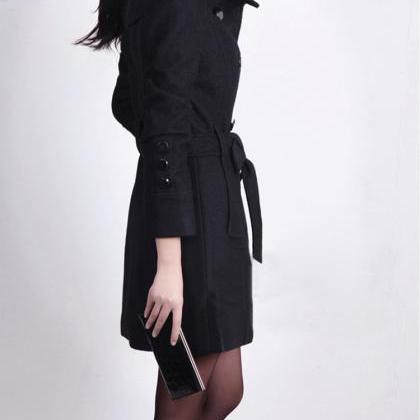 Double Breasted Stand Collar Belt Slim Long Plus Size Coat on Luulla