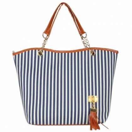 Navy And White Stripes Canvas Tote Bag With Leather And Chain Shoulder ...