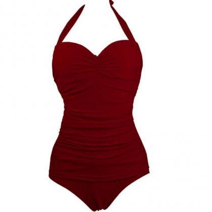 Halter Wrinkled Padded One Piece Swimwear on Luulla