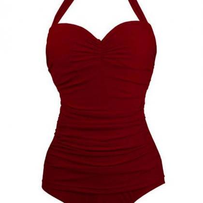 Halter Wrinkled Padded One Piece Swimwear on Luulla
