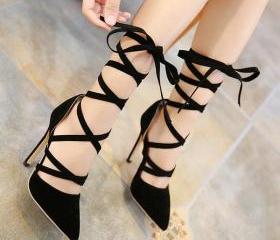 Faux Suede Lace-up Pointed-toe High Heel Stilettos on Luulla