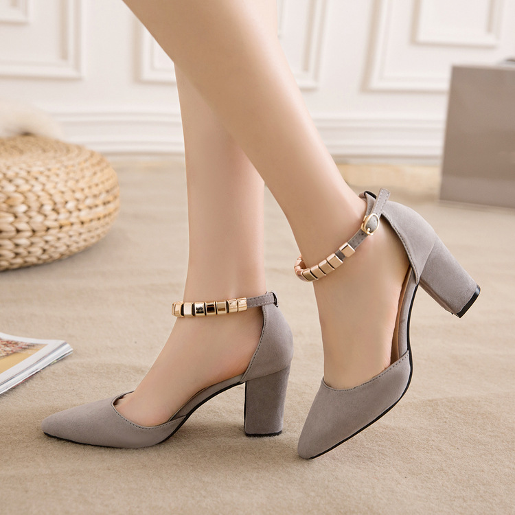 Beadings Ankle Wrap Pointed Toe Low Cut Low Chunky Heels on Luulla