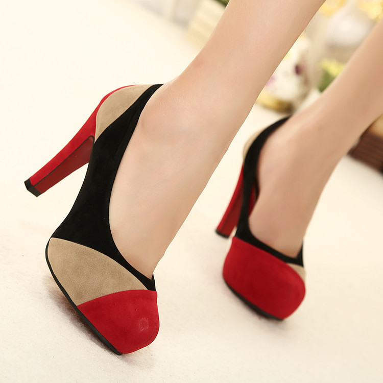 Color Block Round Toe Low Cut High Heels on Luulla