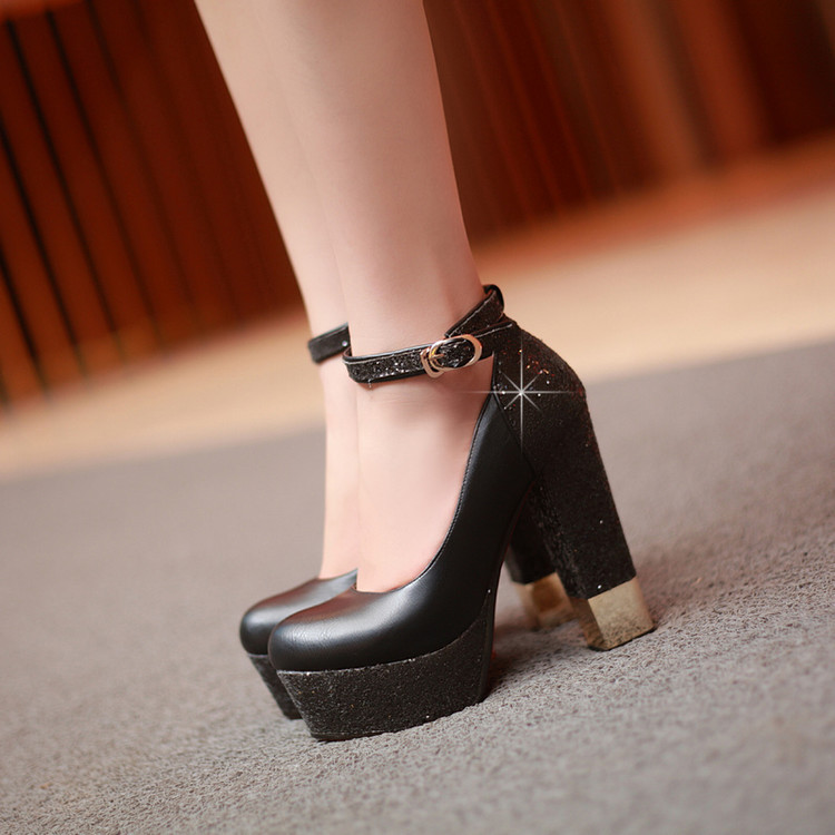 Round-toe Ankle Strap Glitter Platform Chunky Heels, High Heels on Luulla
