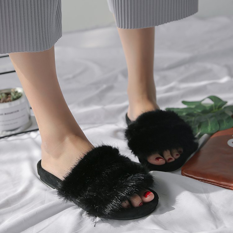 Peep-toe Fur Flip-flop Flat Slippers on Luulla