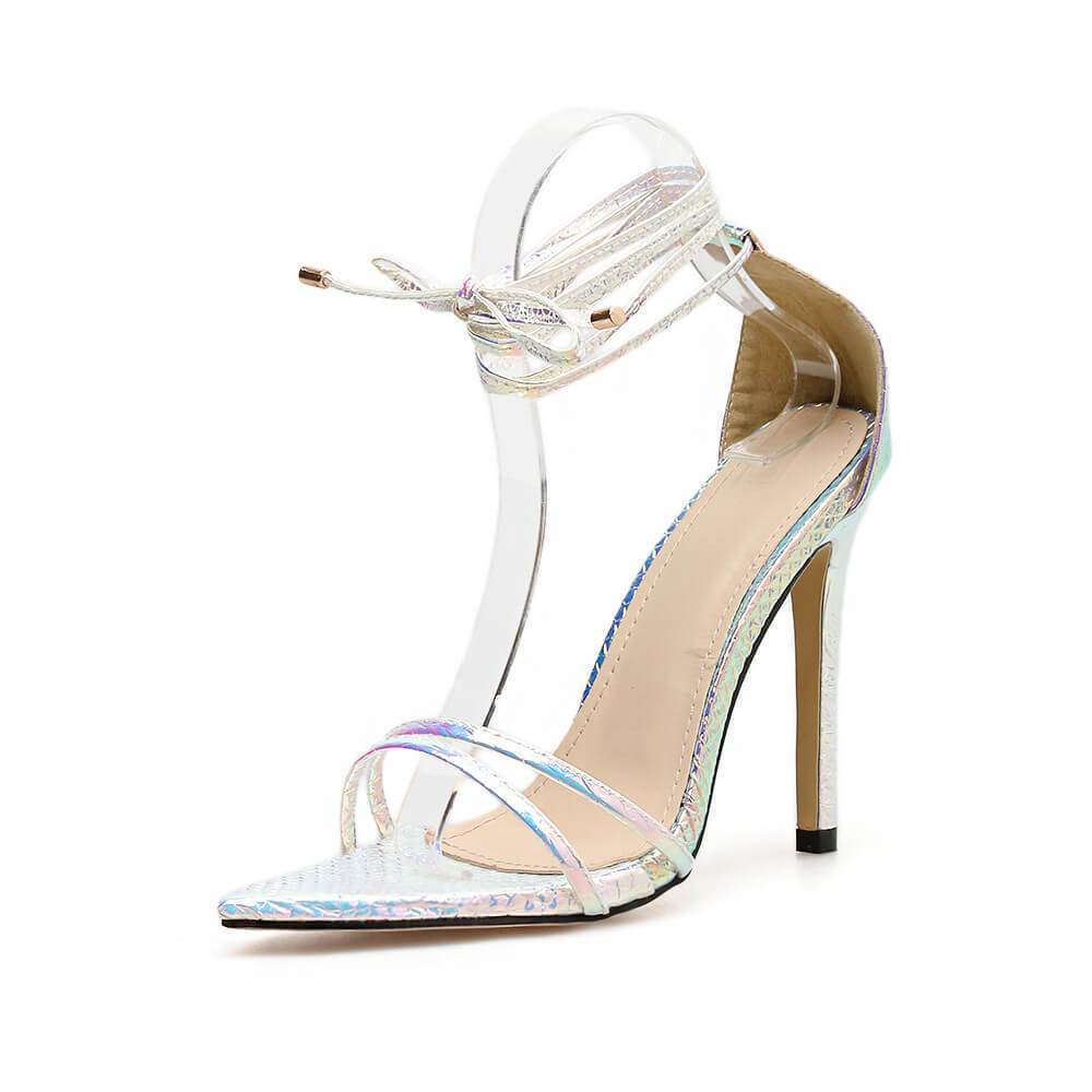 Silver Strappy Ankle Pointed Toe Metallic Sandals on Luulla