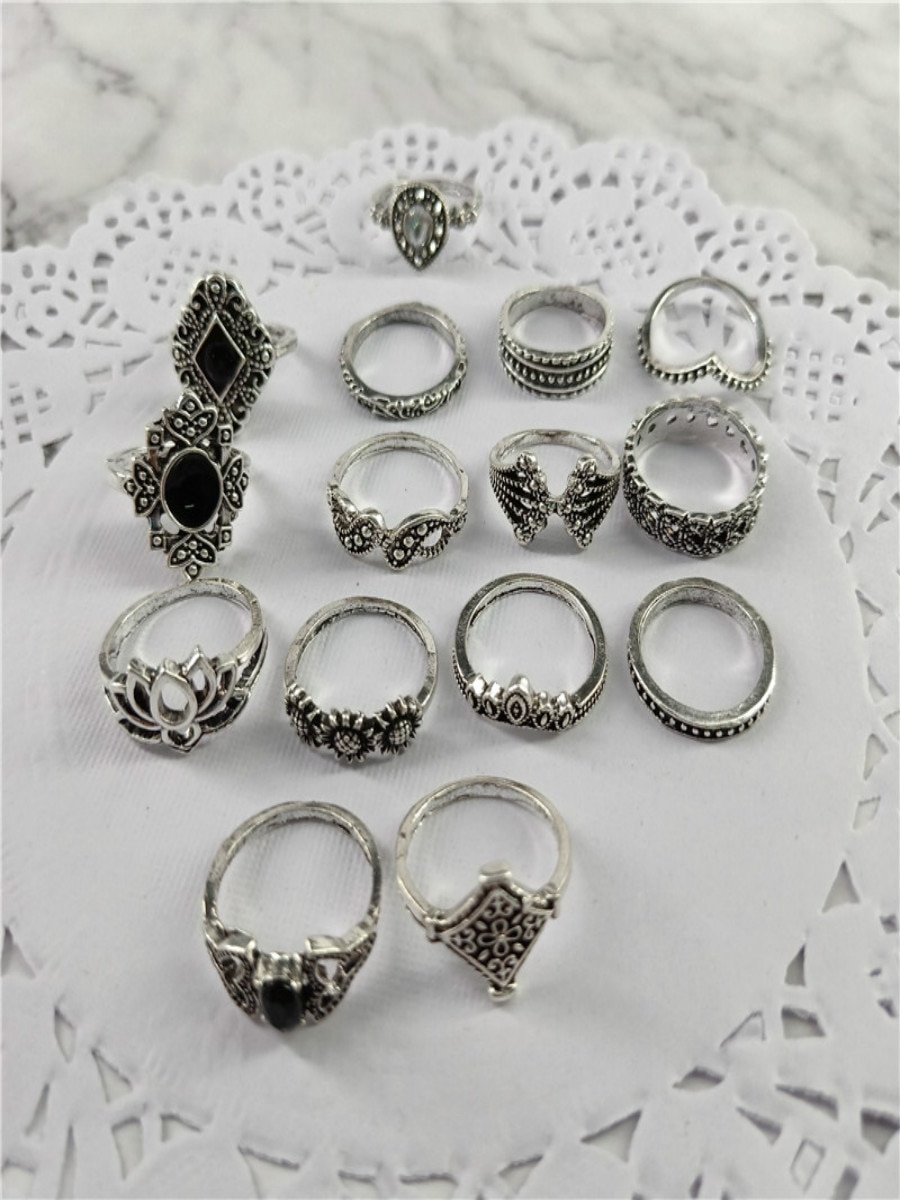 Women's 15 Pcs Ring Set Retro Stylish Hollow Floral Design Ring Suit on ...