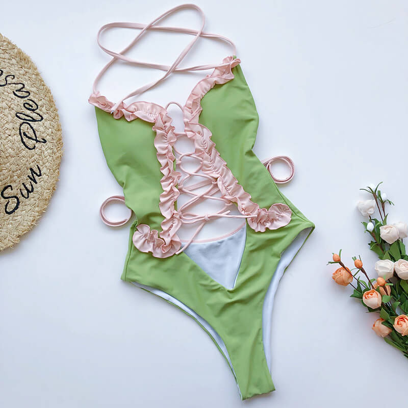 Flapper Halter Bandeau Cutout Low Back High Cut Swimsuits on Luulla