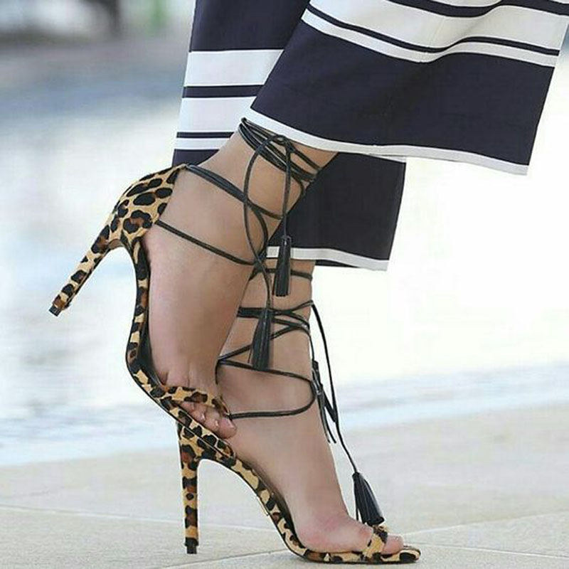 Sexy Leopard Strap Fringe High Heel Sandals on Luulla