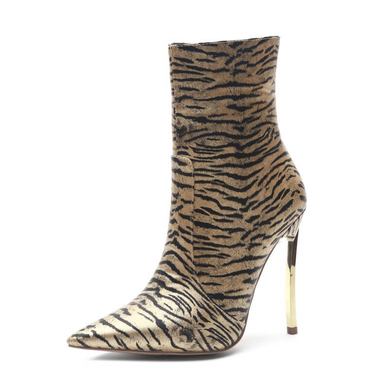 Tiger Print Pointed Toe Zipper High Heel Ankle Boots on Luulla