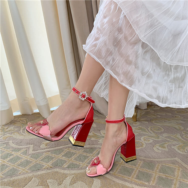 Cute Leather Pink Buckle Chunky Heel Sandals on Luulla