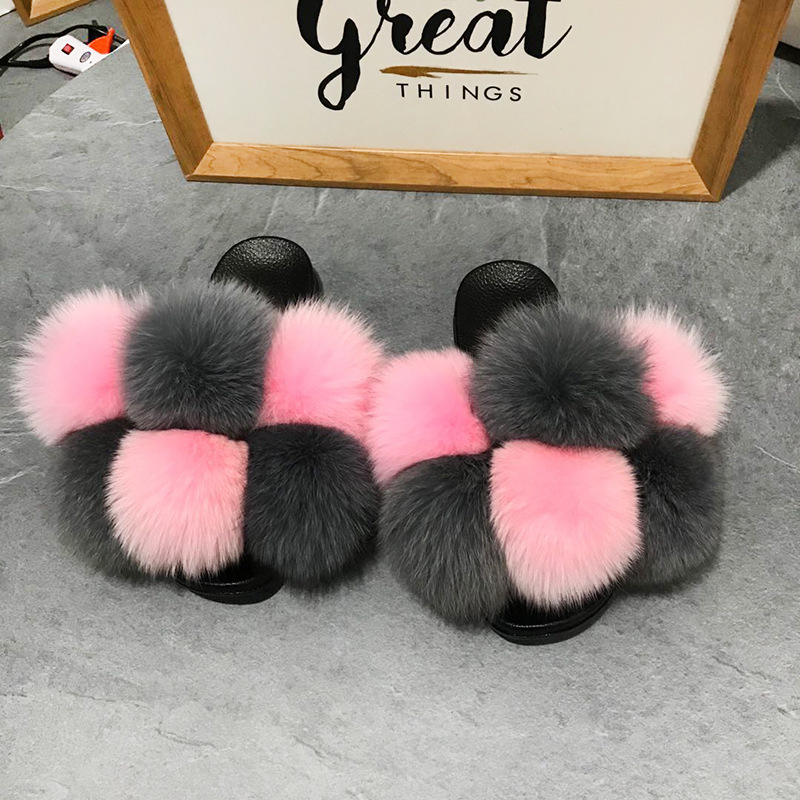 Color Matching Large Fur Real Natural Fox Fur Slides Colorful Fluffy ...