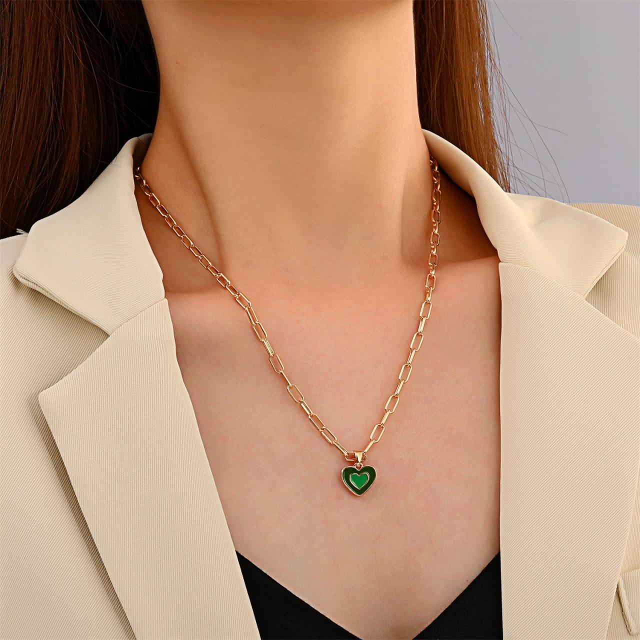 Green Oil Dripping Double Love Clavicle Chain Sweater Chain on Luulla