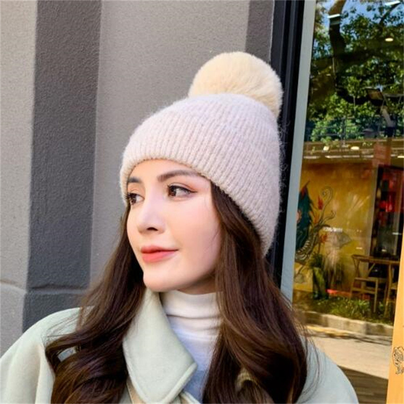 Beige Plush Thickened Warm Letter Knitted Wool Hat on Luulla