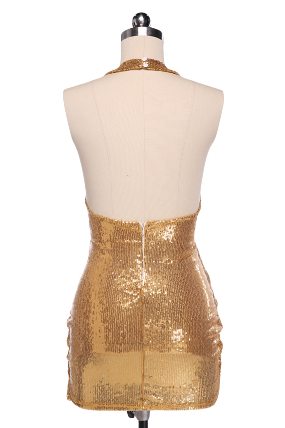 Fashion Sexy Lady's Golden Sequined Backless Halter Bodycon Dress 