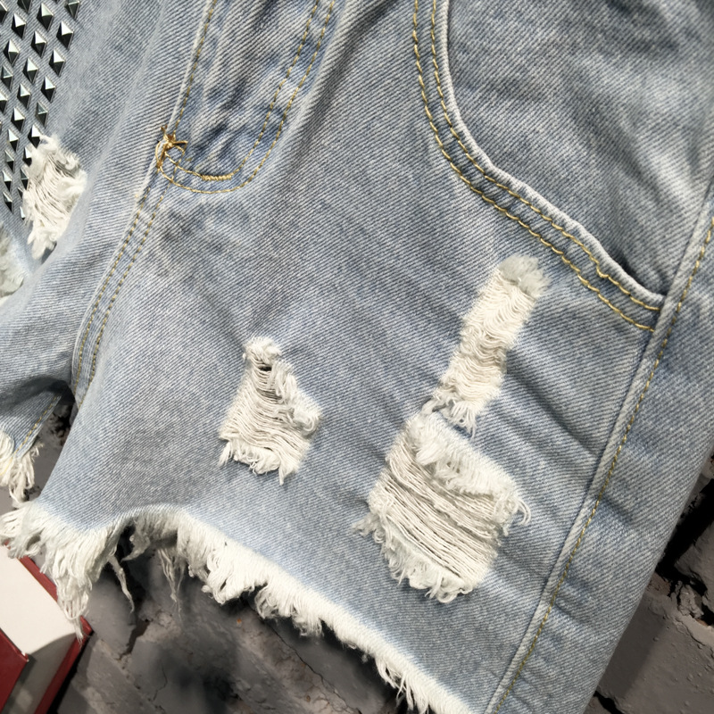 Low Waist Rough Edges Rivet Hole Ripped Frayed Denim Shorts on Luulla