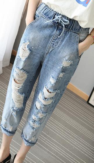 Ripped Holes Elastic Loose Draw String Haroun Jeans on Luulla