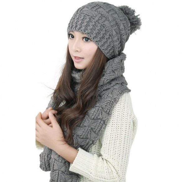 Women's Winter Knitted Scarf And Hat Set Thicken Knitting Skullcaps on ...