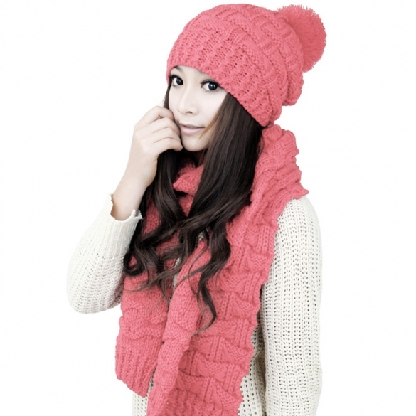 Women's Winter Knitted Scarf And Hat Set Thicken Knitting Skullcaps on ...