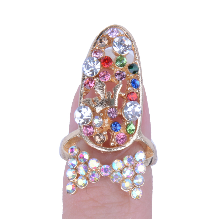 Fashion Bowknot Crystal Finger Nail Art Ring Jewelry Fake Nail Art ...