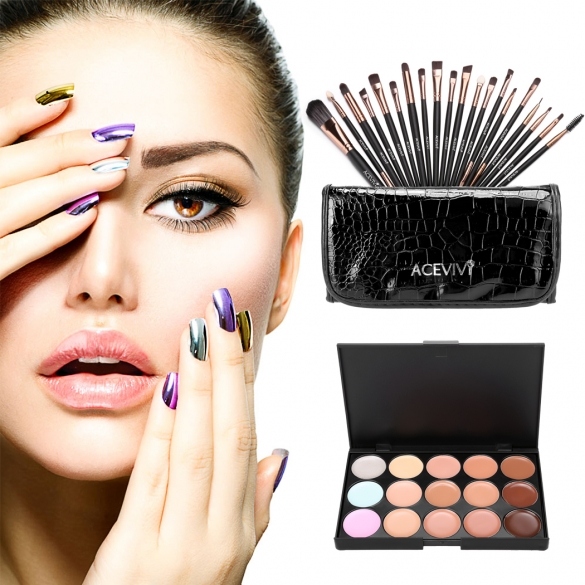 Acevivi 15 Colors Makeup Face Cream Concealer Palette + 20 Pcs Powder ...