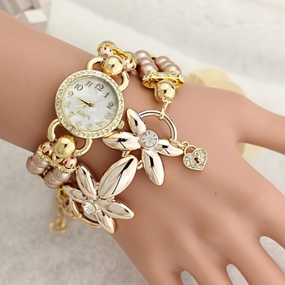 Women Beads Band Wristwatch Round Analog Battery Charming Link Chain ...