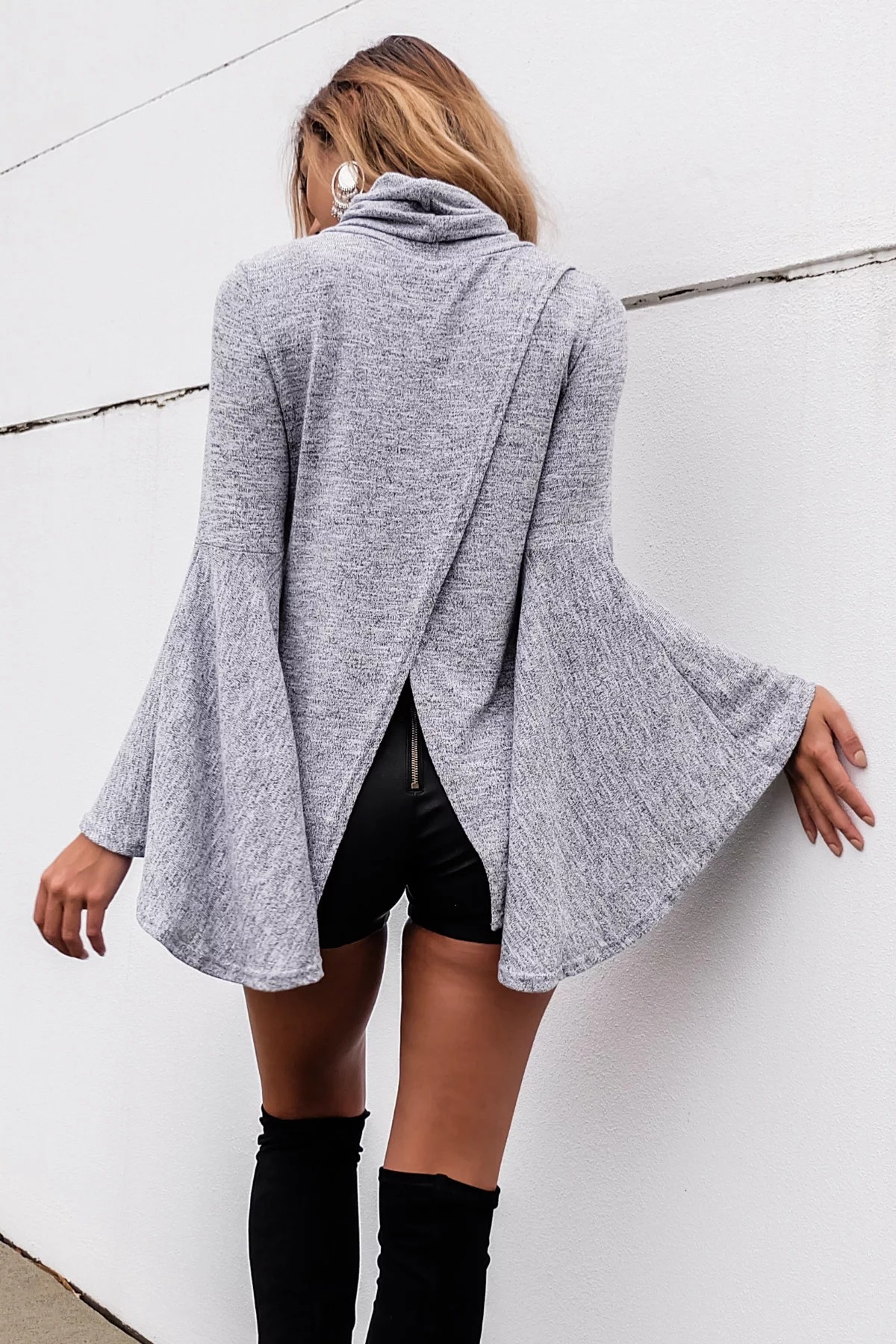 Bell Sleeve Back Slitting High Neck Sweater on Luulla