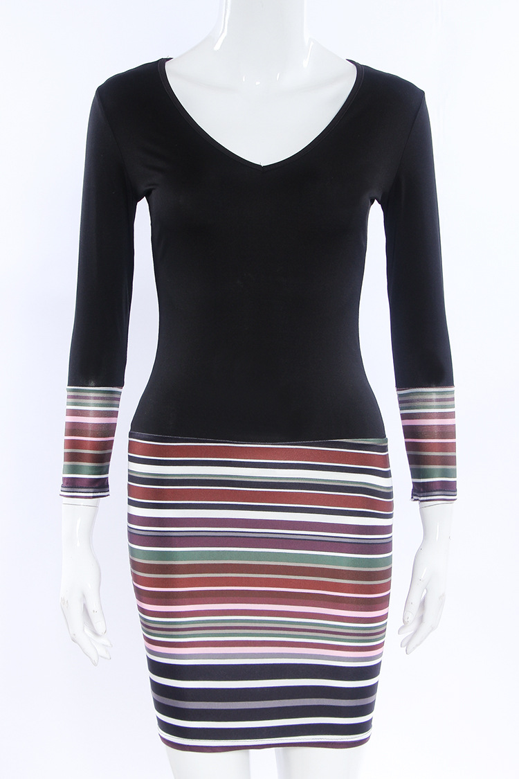 Black Stripe Print Long Sleeve V Neck Short Bodycon Dress on Luulla