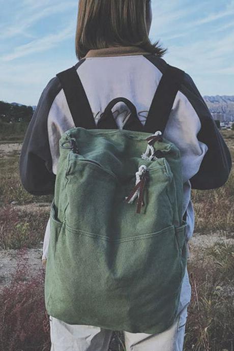Contrast Color Stripe Canvas Backpack Bag on Luulla
