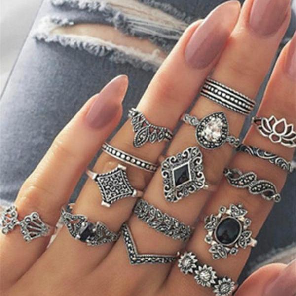 Women's 15 Pcs Ring Set Retro Stylish Hollow Floral Design Ring Suit on ...