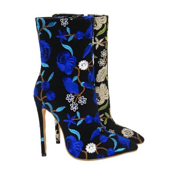 Flower Embroidery Pointed Toe High Heel Calf Boots on Luulla