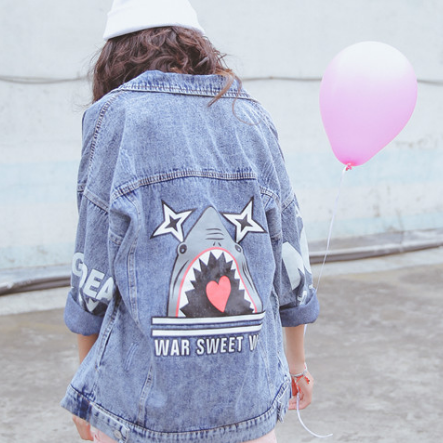 Medium Washed Oversized Denim Jacket Featuring Shark Print on Luulla