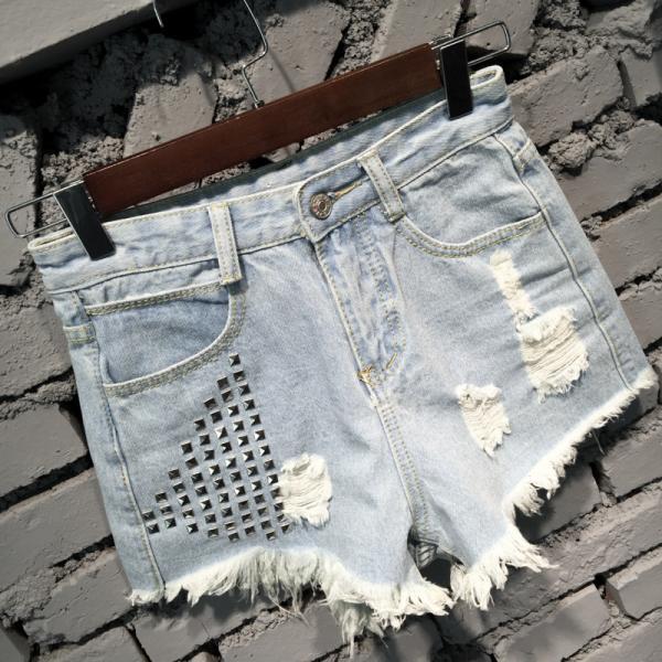 Low Waist Rough Edges Rivet Hole Ripped Frayed Denim Shorts on Luulla