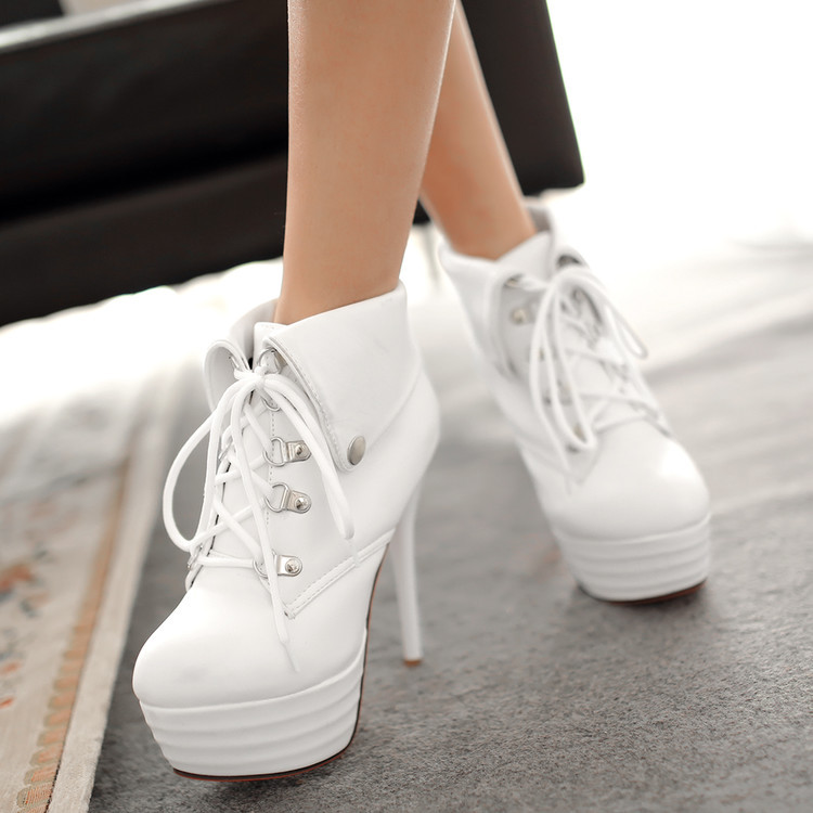 Curled Edge Lace Up Platform Stiletto High Heels Short Boots on Luulla