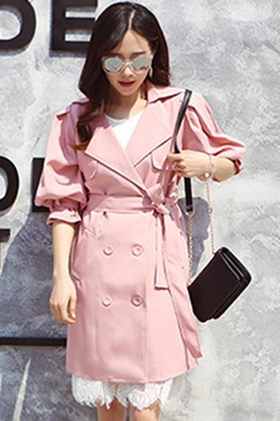 Pure Color Long Sleeves Lapel Belt Slim Long Coat on Luulla