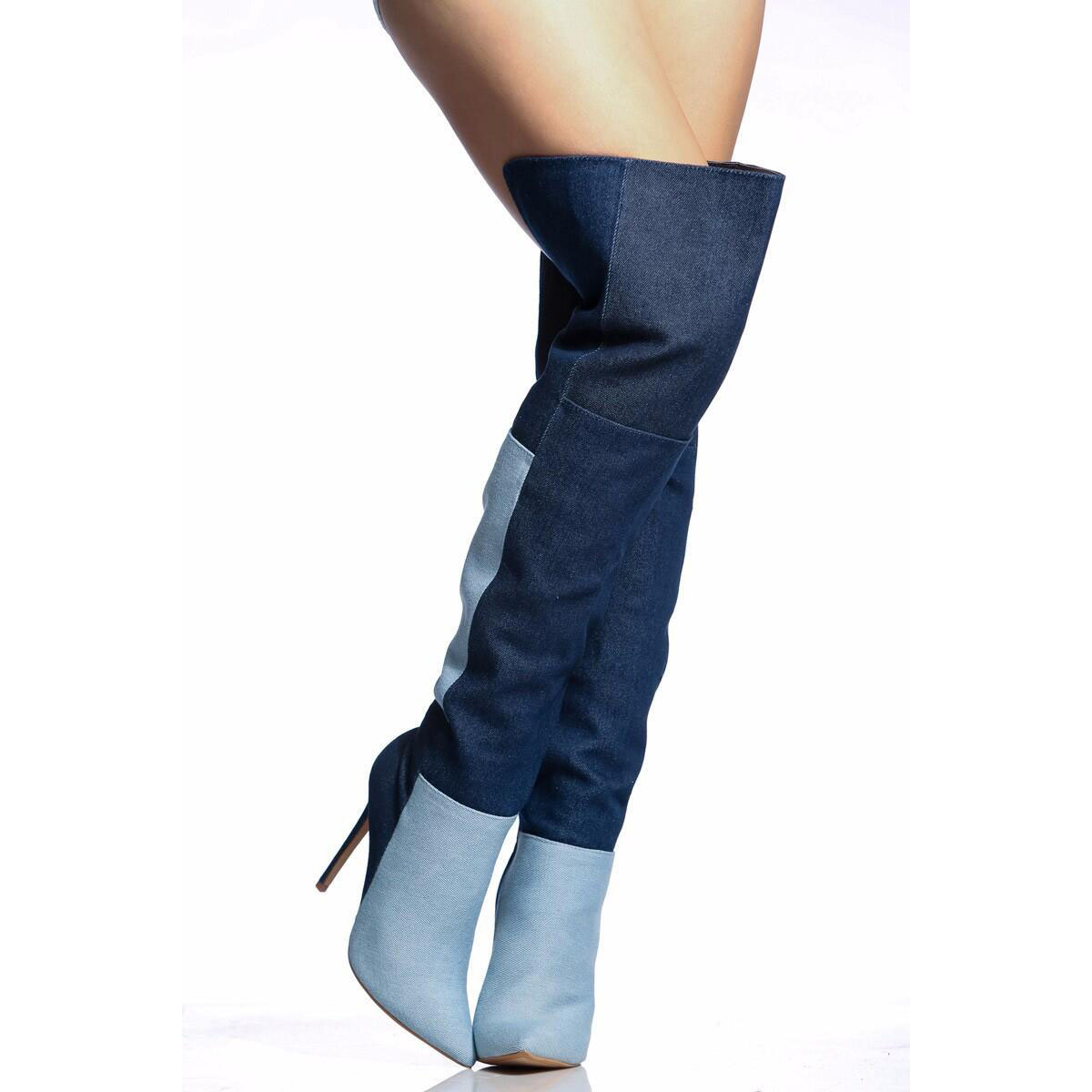 Cowboy Denim Color Block Stiletto High Heel Over Knee Boots on Luulla