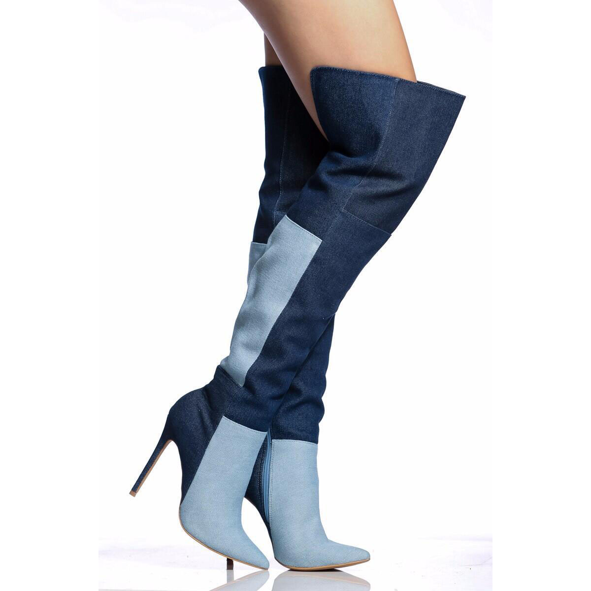 Cowboy Denim Color Block Stiletto High Heel Over Knee Boots on Luulla