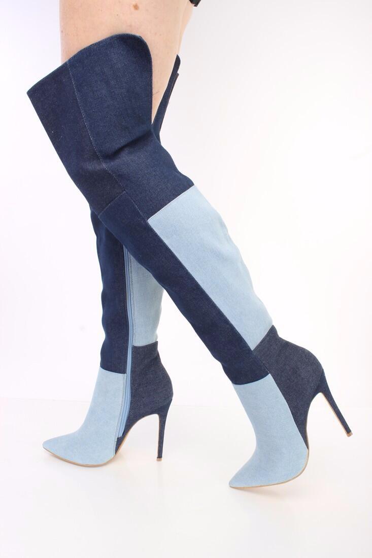 Cowboy Denim Color Block Stiletto High Heel Over Knee Boots on Luulla