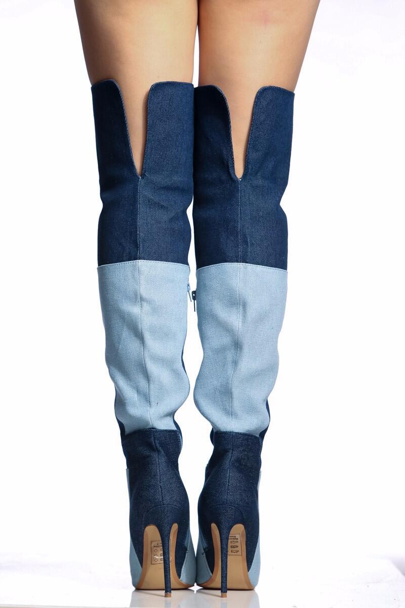 Cowboy Denim Color Block Stiletto High Heel Over Knee Boots on Luulla