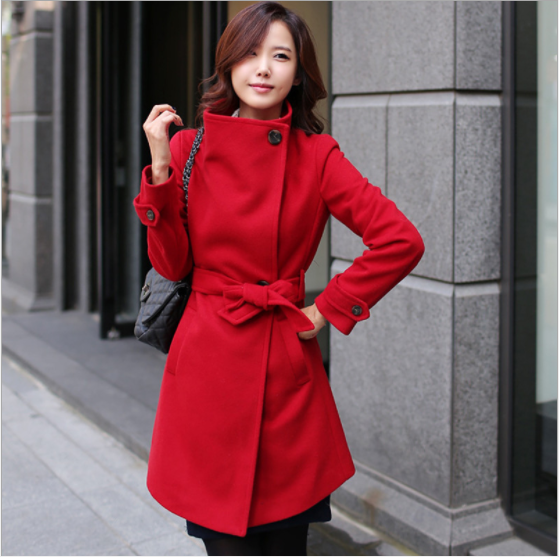 Stand High Neck Solid Color Women Oversized Woolen Slim Coat With Belt ...