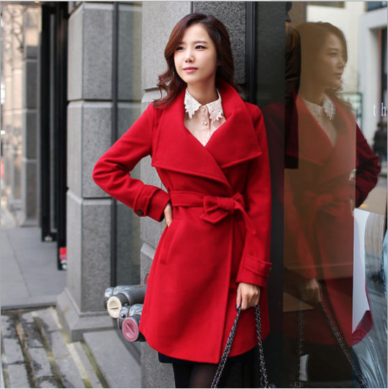 Stand High Neck Solid Color Women Oversized Woolen Slim Coat With Belt ...