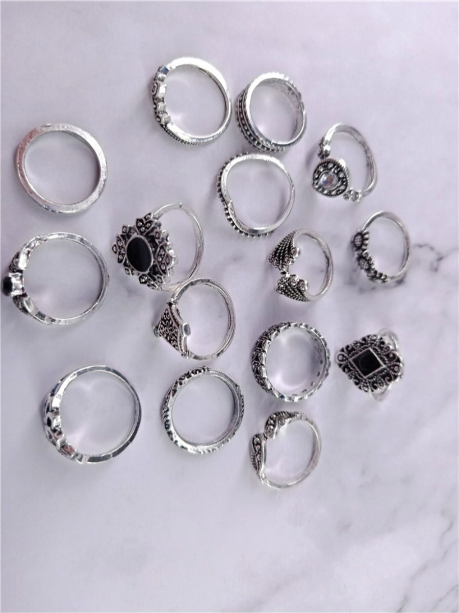 Women's 15 Pcs Ring Set Retro Stylish Hollow Floral Design Ring Suit on ...
