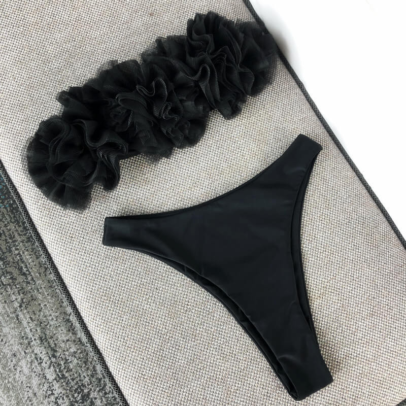 Black Mesh Plain Thong Bottom Tube Bikinis on Luulla